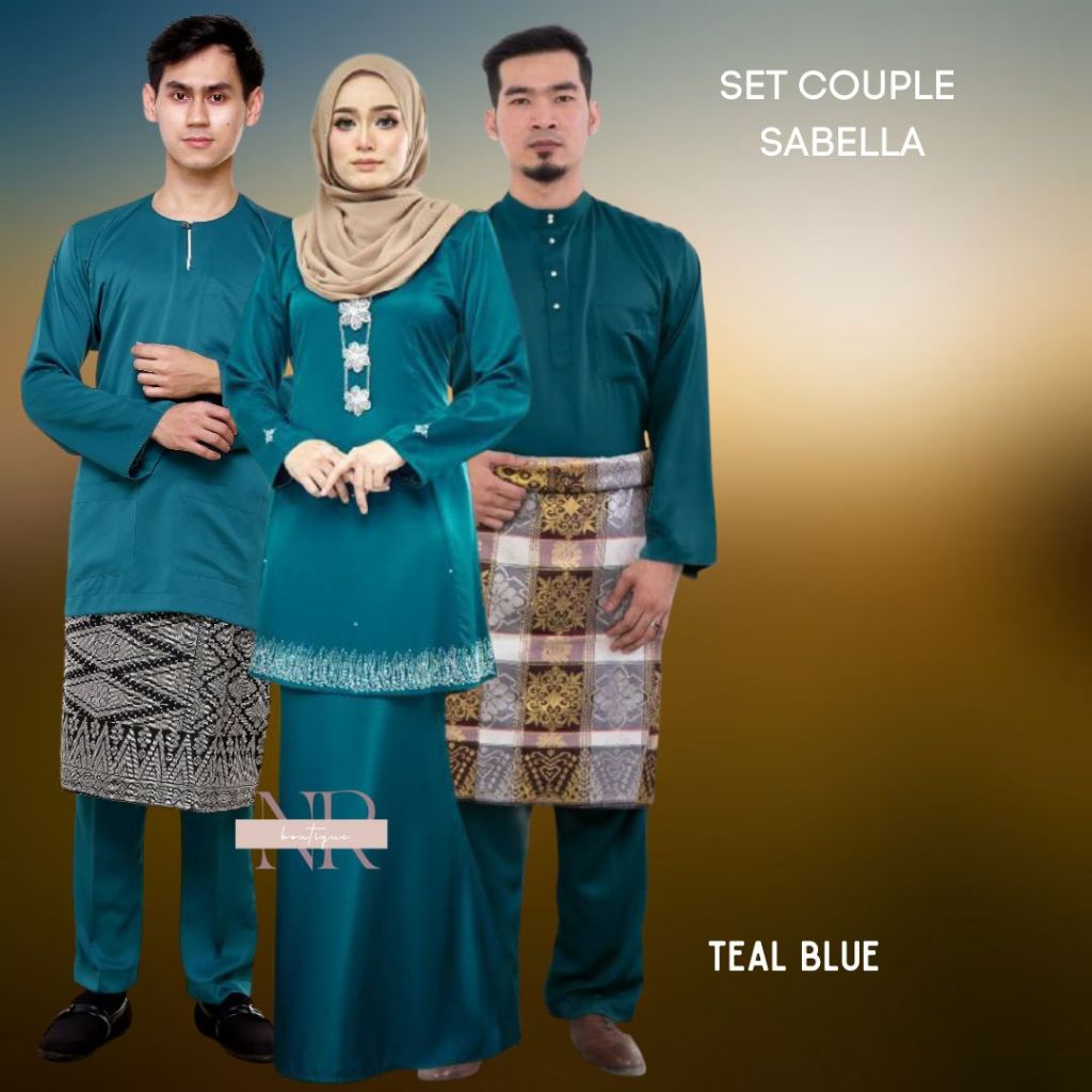 Teal blue Set Couple Sabella kurung moden baju melayu teluk belanga ...