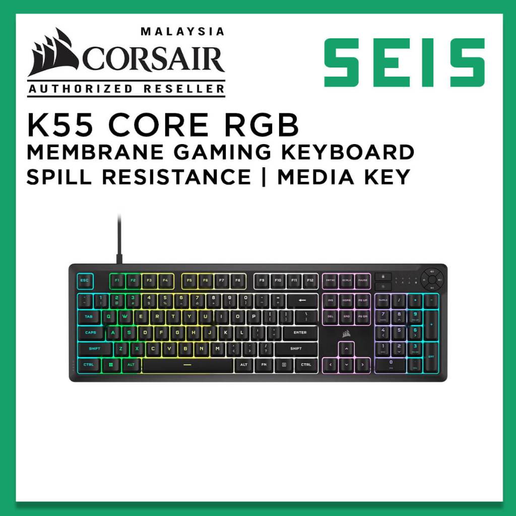 Corsair K55 CORE RGB เมมเบรนคีย์บอร์ดเกมมิ่ง แบบใช้สาย เสียงเงียบ สวิตช์ตอบสนอง ความต้านทานการ ...