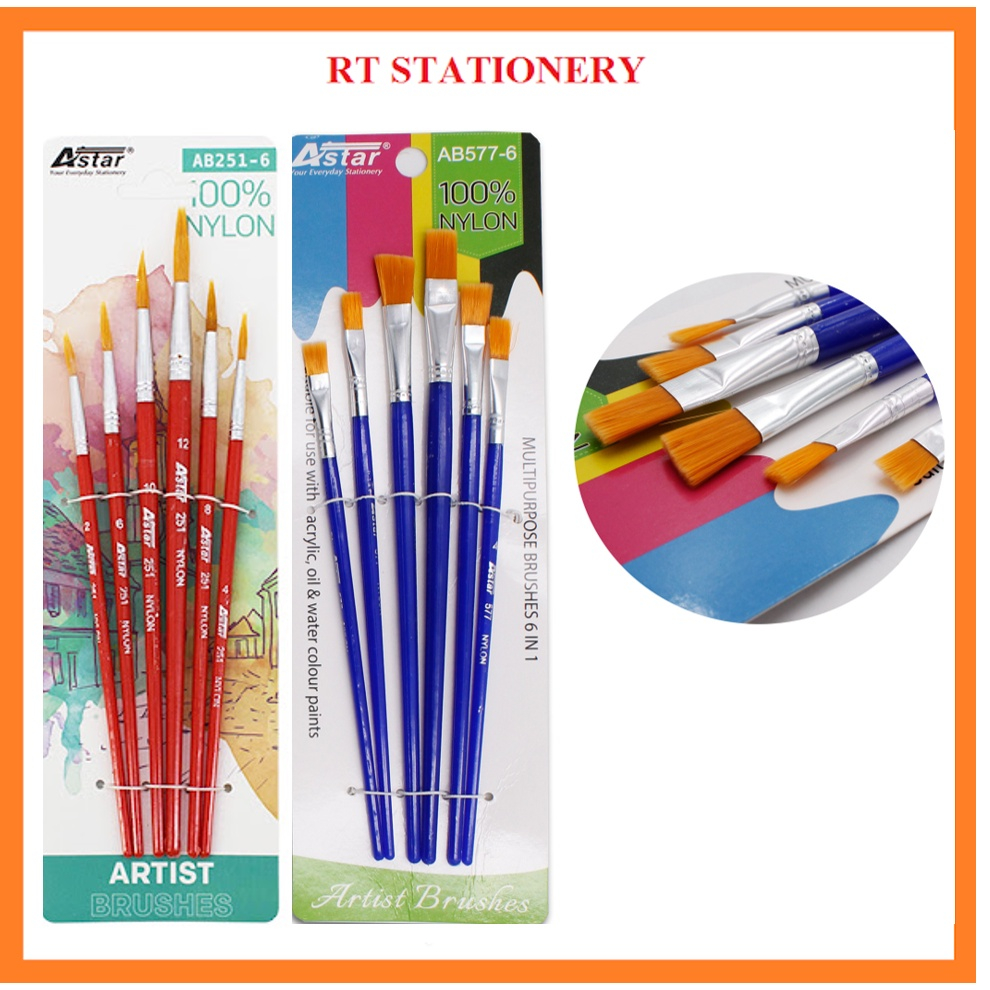 Astar Artist ชุดแปรงไนล่อน 6 in 1 (แบน / กลม) แปรงสีน้ํา / Berus Seni ...