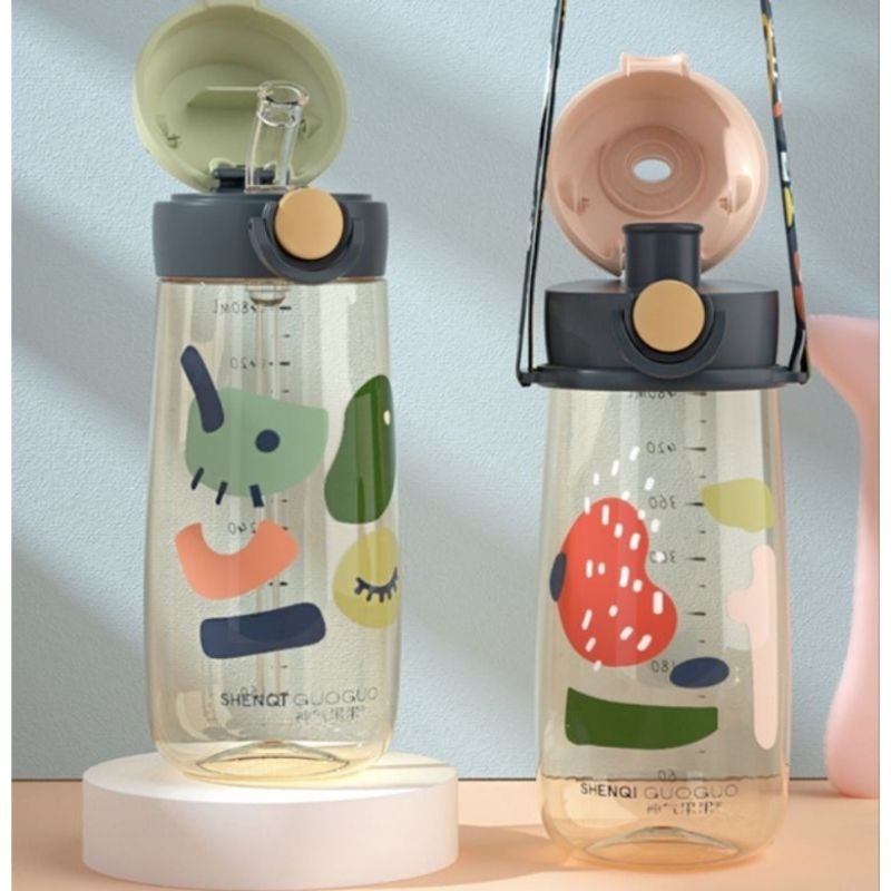 น่ารัก Colourful พิมพ์ PPSU Flip-It Push Button Straw หรือ w/o Straw ขวดน้ําดื่ม 480ml สายรัด ...