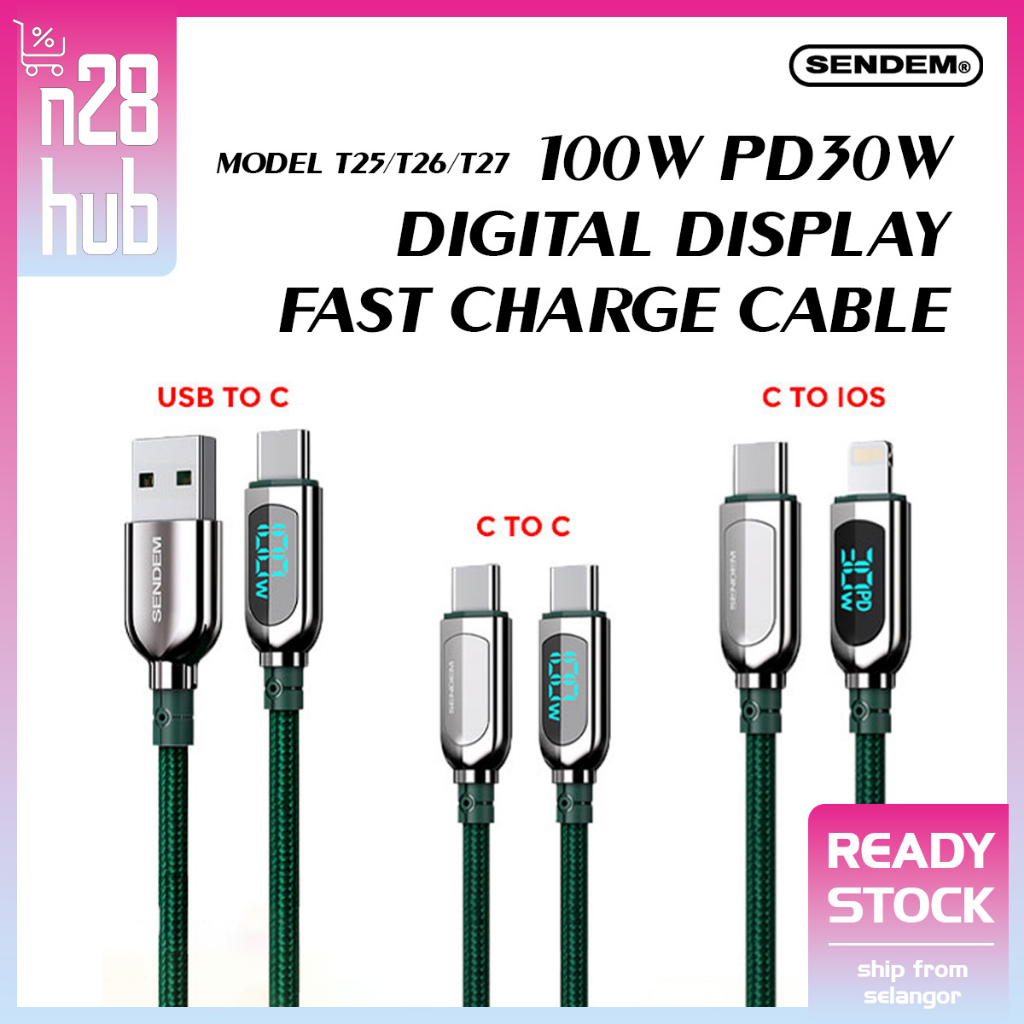 Sendem 100W สายดิจิตอลจอแสดงผล PD30W Fast Charging 1.5 เมตรประเภท C IOS ไนลอน Braid T25 T26 T27 ...