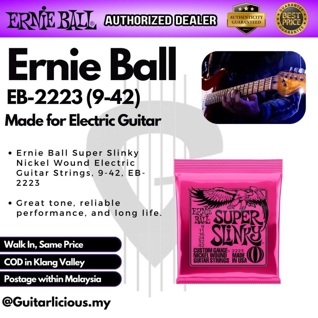 Ernie Ball 2223 Super Slinky Nickel Wound สายกีตาร์ไฟฟ้า - สีชมพู (009-042) (EBGDAE) 6 tali ครบ ...