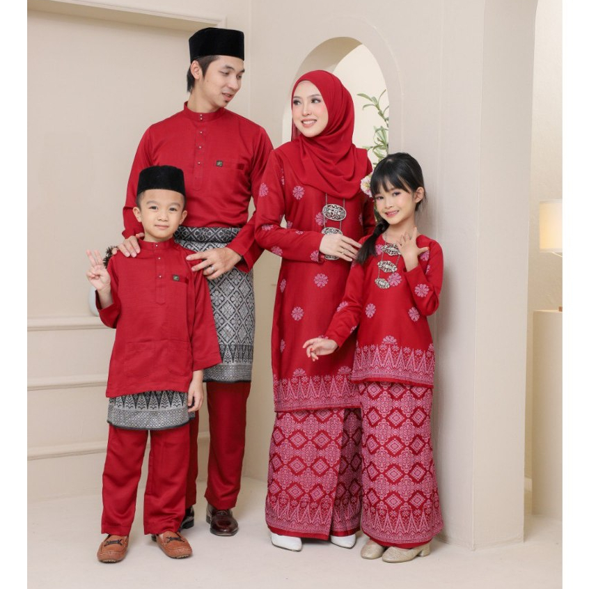 Set FAMILY MAROON 〕 Baju Melayu + Kurung Moden Songket Bunga Tabur ...