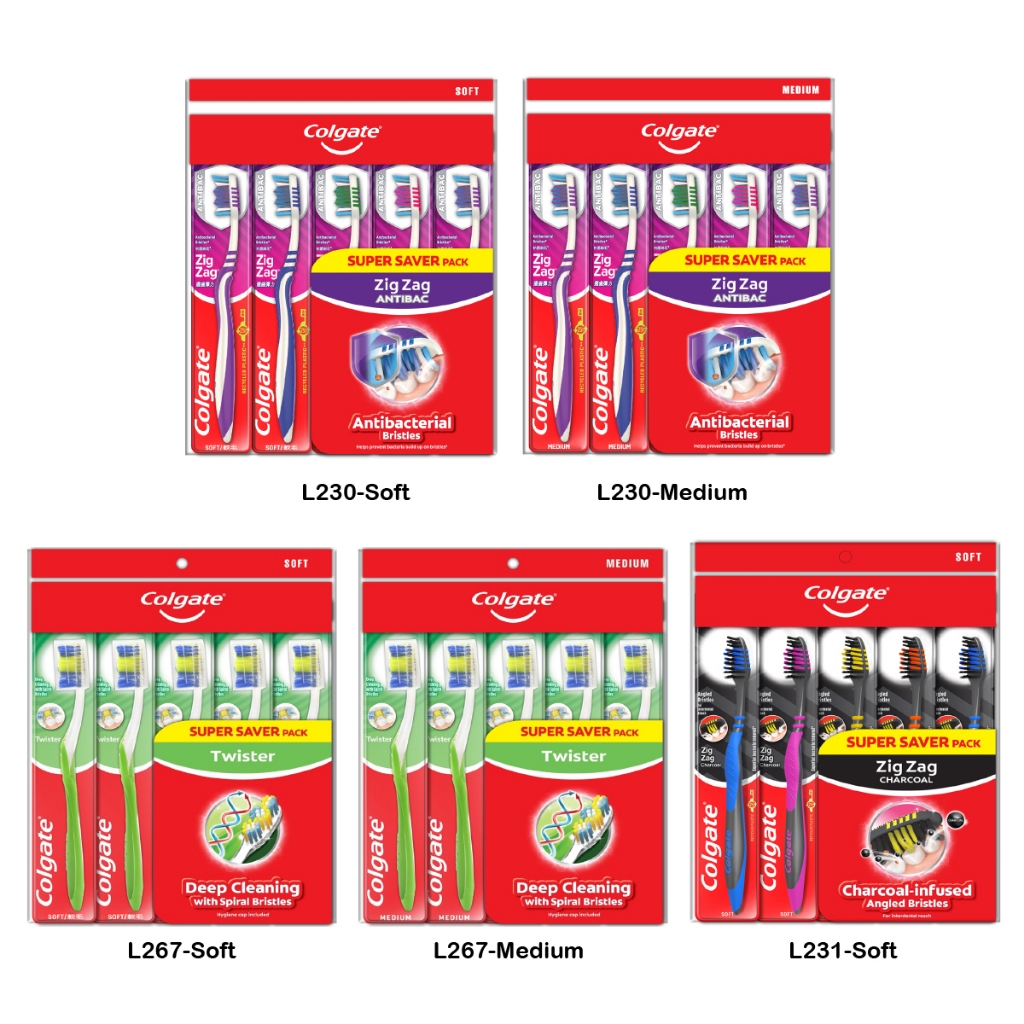 Skm ( 5 ชิ ้ น 1 แพ ็ ค ) Colgate Zigzag Charcoal /Twister Medium/Soft ...