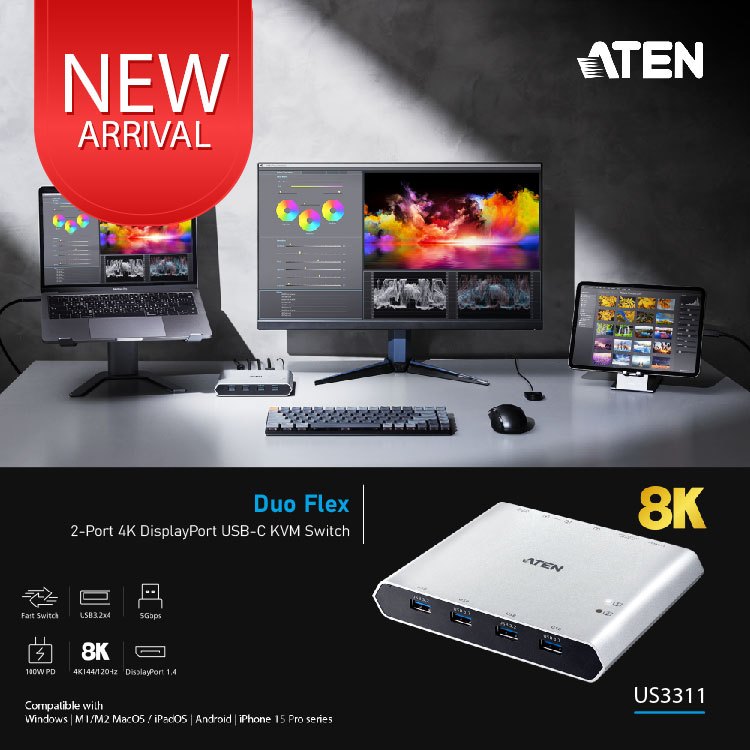 Aten US3311 2-Port 4K DisplayPort USB-C KVM Switch พร ้ อม Power Pass-through Duo Flex | Shopee ...