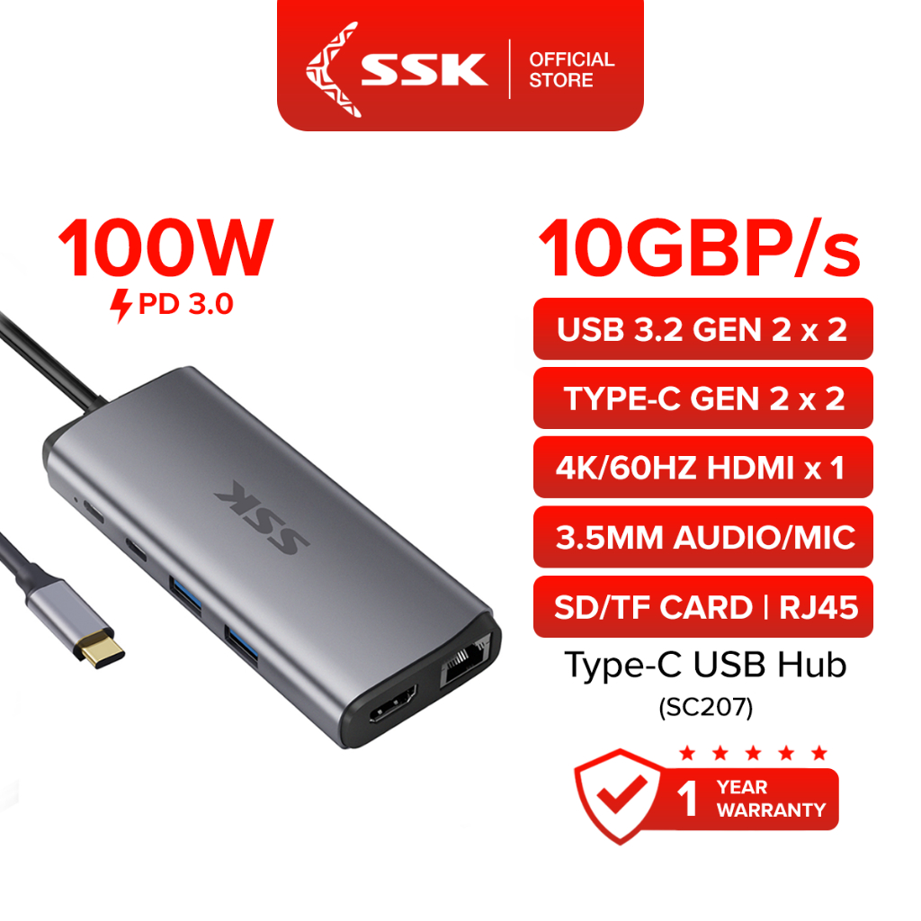Ssk 10 in 1 USB3.2 Gen 2 USB C Hub [SC207] - 100W PD3.0 ชาร์จ HDMI Ethernet Card Reader เสียง ...