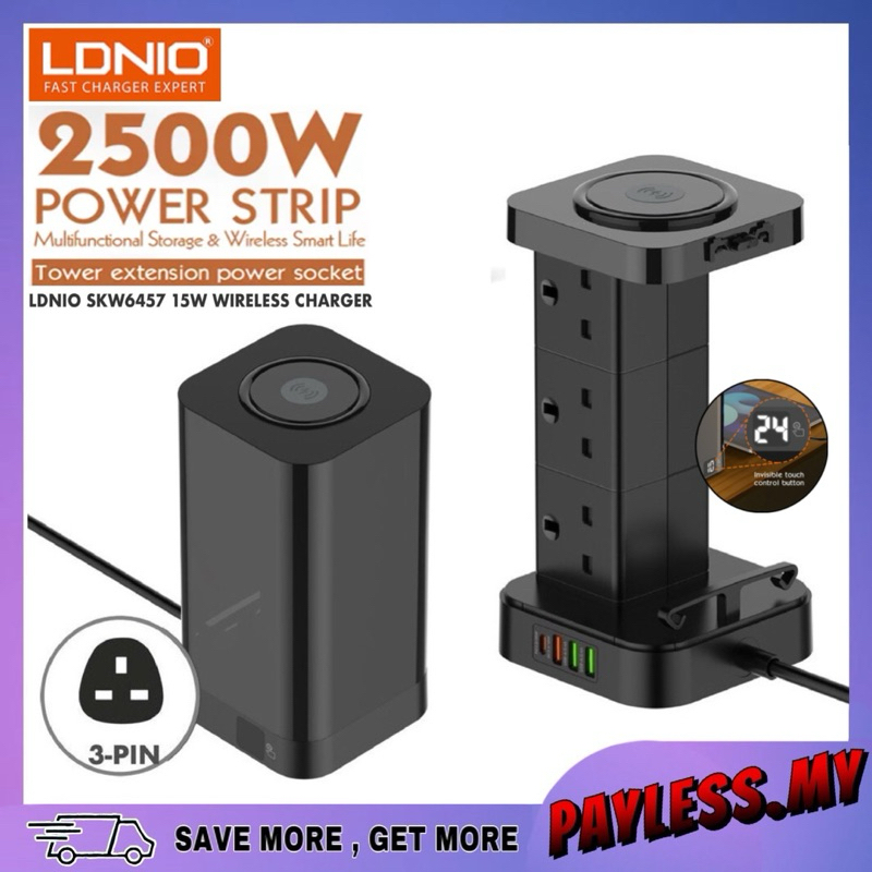Ldnio SKW6457 TOWER EXTENSION 2500W POWER STRIP 15W การชาร์จไร้สาย + ซ็ ...