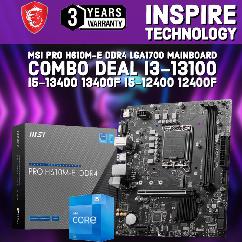 เมนบอร์ดคอมโบ MSI PRO H610M-E DDR4 LGA1700 I3-13100 I5-13400 13400F I3 ...