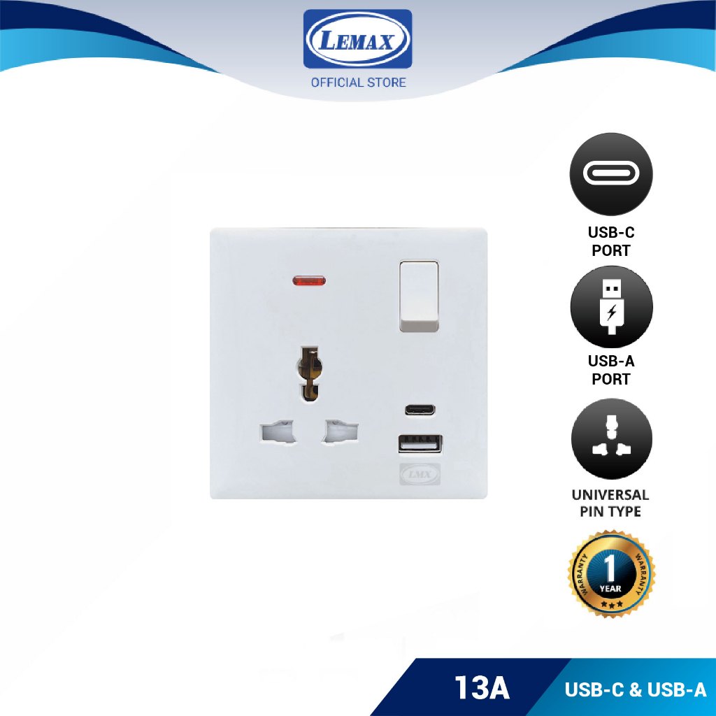 Lmx 13A USB-A & USB-C ซ็อกเก็ตสวิตช์ไฟติดผนัง 2 ชิ้น USB SS-919UC ...