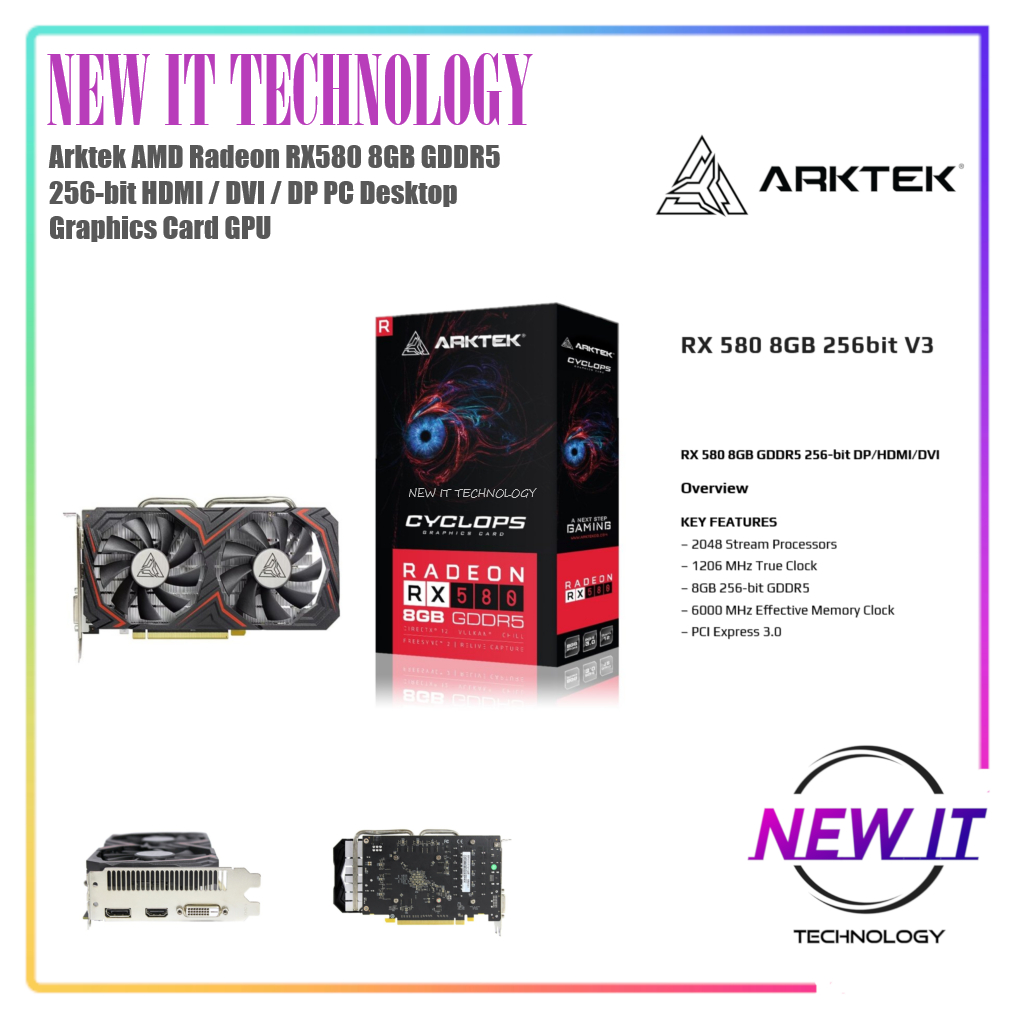 Arktek AMD Radeon RX580 8GB GDDR5 256-bit V3 HDMI / DVI / DP PC เดสก์ท็อปกราฟิกการ์ด GPU ...