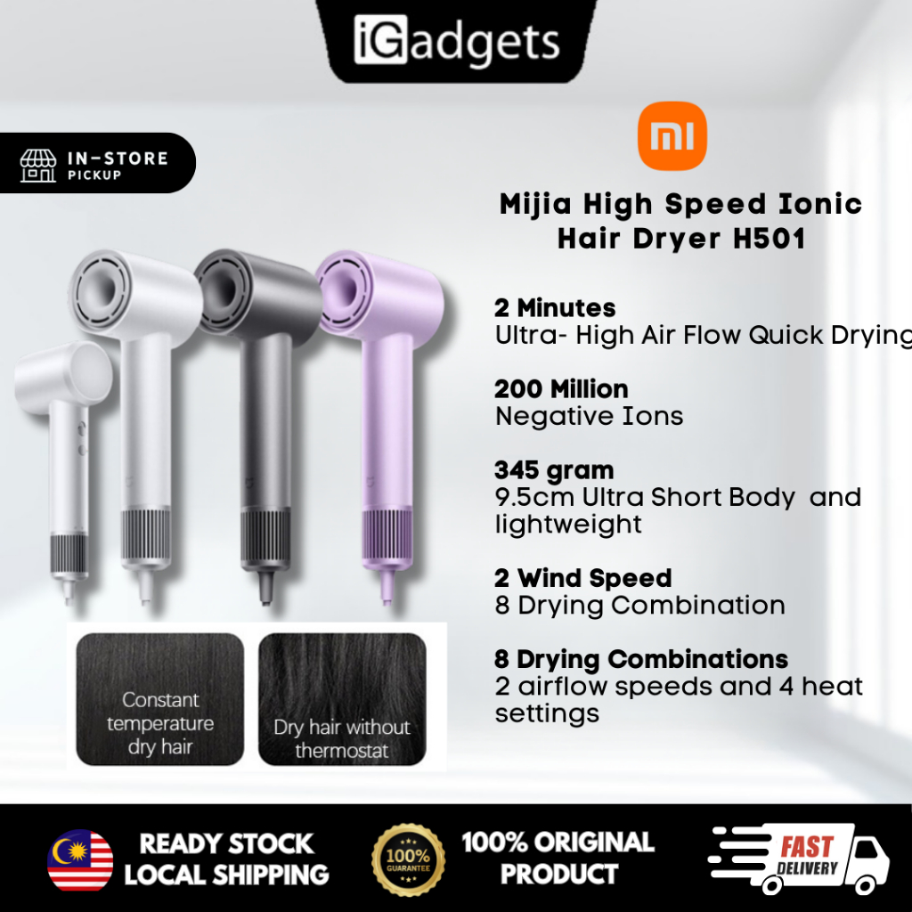 H501/h501 SE เครื่องเป่าผมไอออนความเร็วสูง 1600W 8 โหมดแบบพกพา米家高速吹风机H501 SE | Shopee Thailand