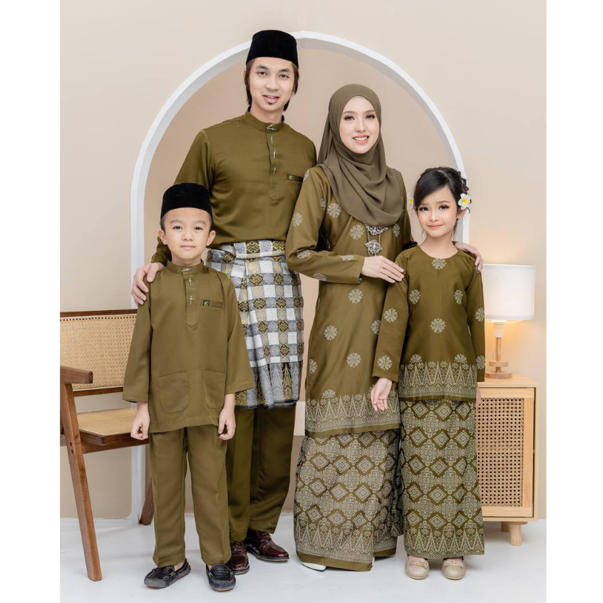 Set FAMILY OLIVE GREEN 〕 Baju Melayu + Kurung Moden Songket Bunga Tabur ...