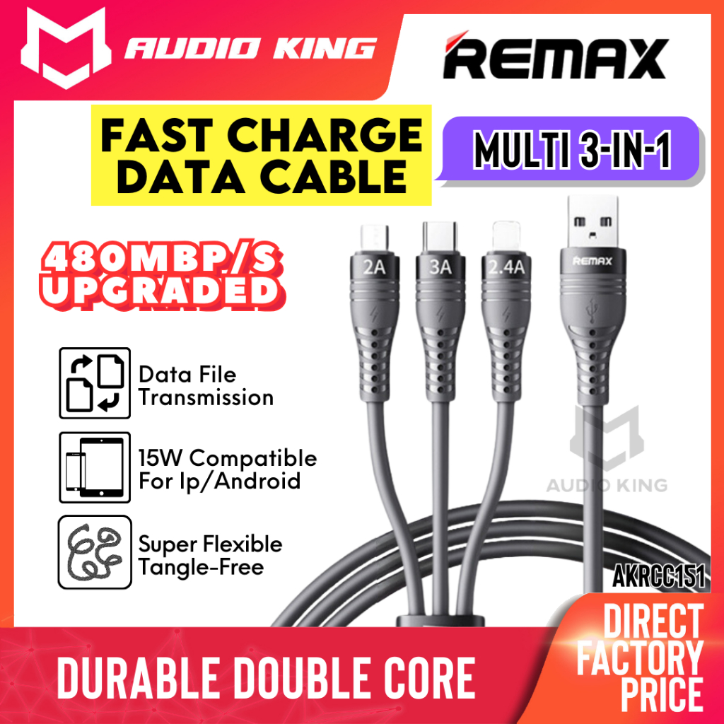 Remax Multi Cable 3 In 1 Fast Charging 3A Universal Cables Wayar USB ...