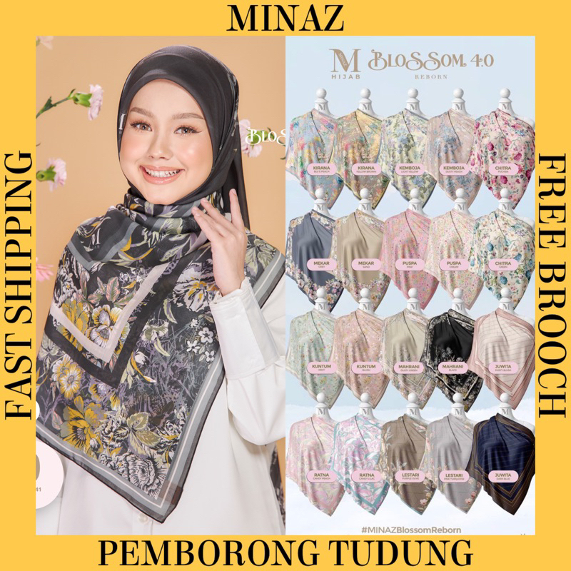 Minaz Hijab Bidang 55 (ฟรีเข็มกลัด!) ผ้าฝ้าย Voile พิมพ์ลาย Tudung ...