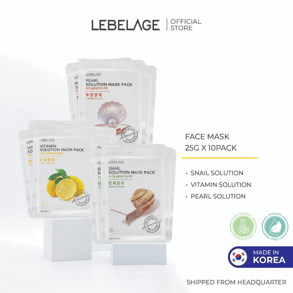 LEBELAGE Solution Face Mask - ไข่มุก/หอยทาก/วิตามิน (1 กล่อง/10 แผ่น ...