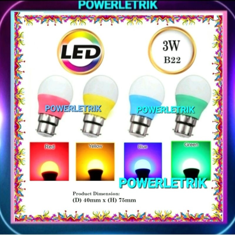 หลอดไฟ LED 3W BC PIN B22 EXTRA BRIGHT สีแดง สีเหลือง สีเขียว 3W PIN BC ...