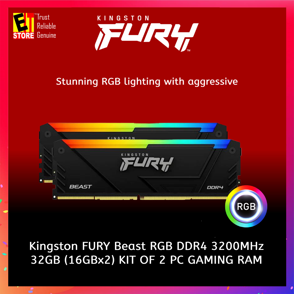 Kingston FURY BEAST RGB 32GB (16GBX2) DDR4 3200MHz CL16 DUAL CHANNEL PC GAMING RAM ...