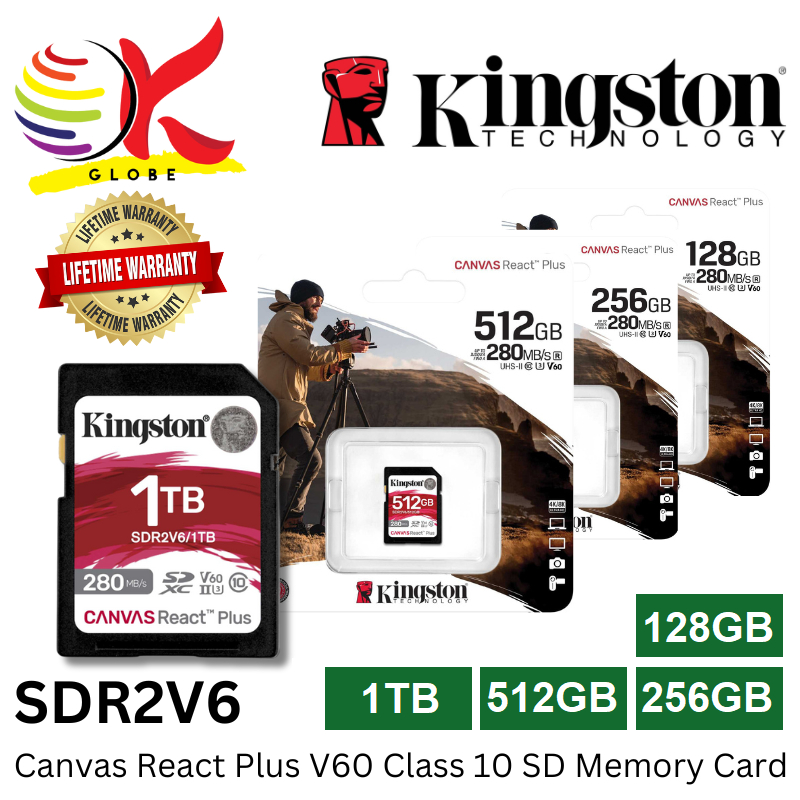 Kingston SDR2V6 CANVAS REACT PLUS CLASS 10, UHS-II, U3, V60 SD MEMORY CARD - 128GB / 256GB ...