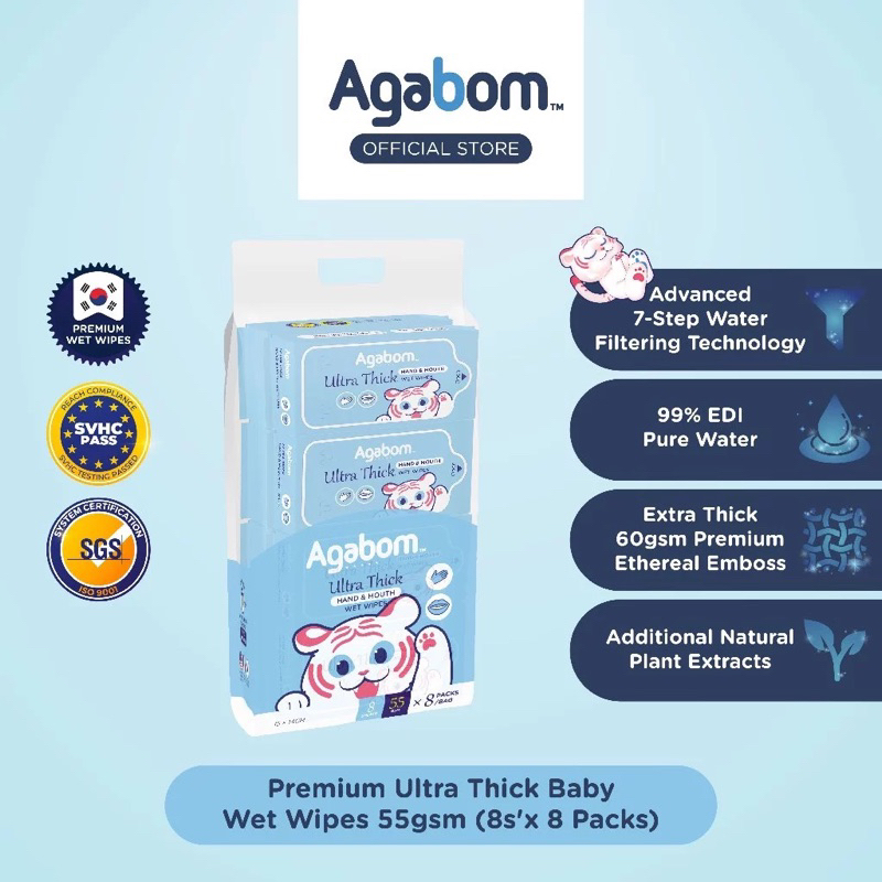 Agabom Premium Ultra Thick Baby Mini Wet Wipes 55gsm (8s x 2Pack/8Packs ...