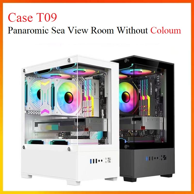 T09 Tempered Glass M-ATX Gaming Case White ranspaear view Gaming casing Chasic PC Case เคส PC ...