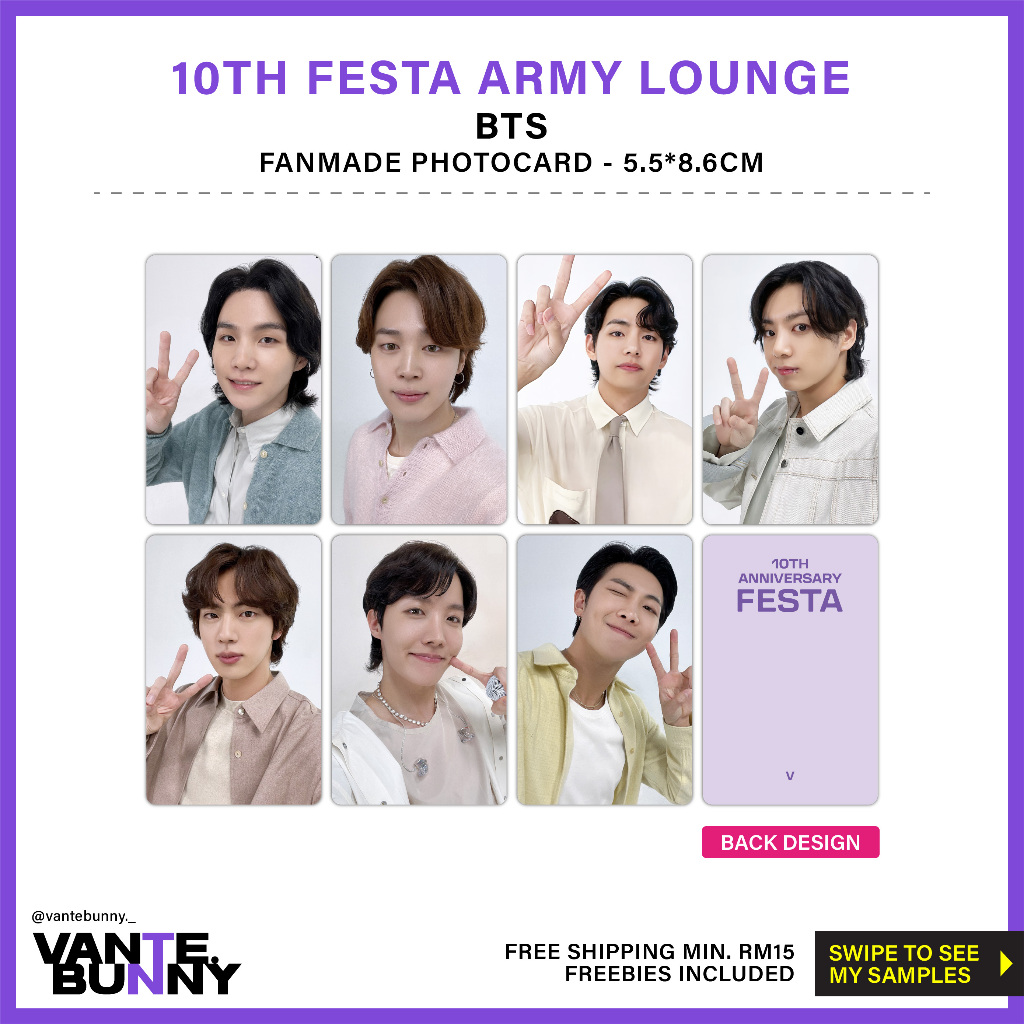 โฟโต้การ์ด BTS Festa Army Lounge JK Jungkook V Kim Taehyung Jimin JHope Suga Jin RM - Fanmade ...
