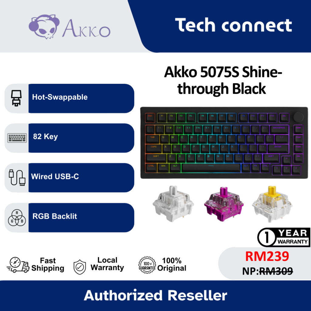 Akko 5075S Shine-through Black ASA ประกอบ Hot-Swap ครบครัน | Shopee Thailand