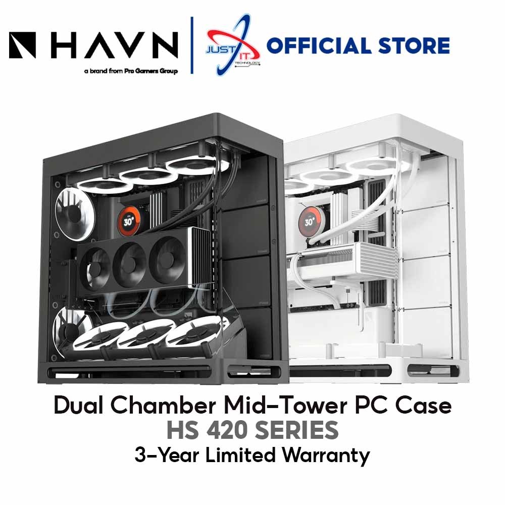 HAVN HS 420 Dual Chamber Mid-Tower PC Case - สีดํา/ขาว | Shopee Thailand