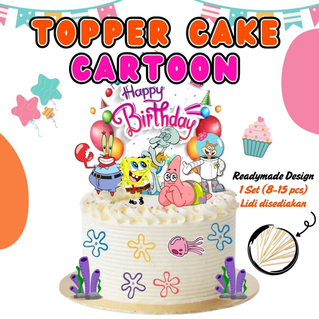 Set Topper Kek (ขนาดที่กําหนดเอง) Topper เค้กการ์ตูน Happy Birthday ...