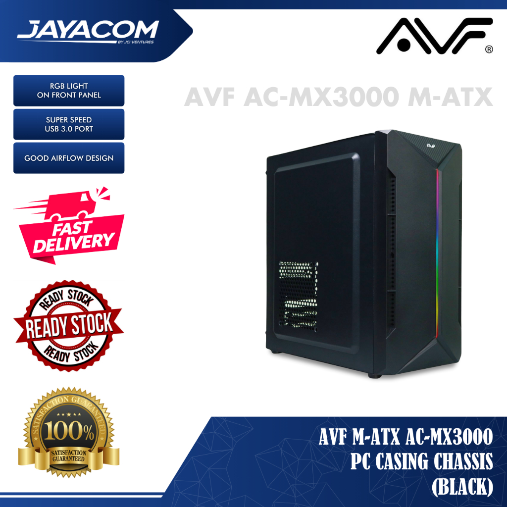 แชสซีปลอก PC AVF M-ATX AC-MX3000 – สีดํา (ไฟ RGB บนแผงด้านหน้า / พอร์ต ...