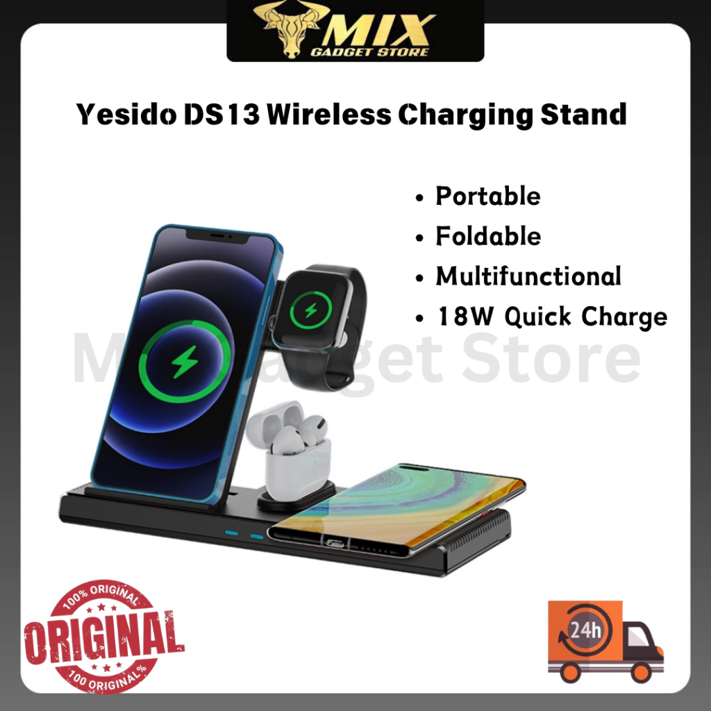 Yesido DS13 18W 4-in-1 แท่นชาร์จไร้สายแบบตั้งโต๊ะแบบพับได้มัลติฟังก์ชั่นชาร์จเร็ว | Shopee Thailand