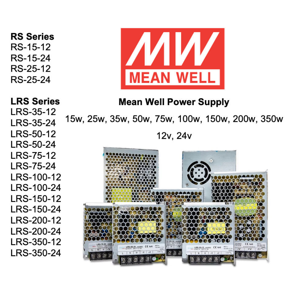 Mean Well RS LRS Series แหล่งจ่ายไฟเอาต์พุตเดี่ยว 15w, 25w, 35w, 50w, 75w, 100w, 150w, 200w ...