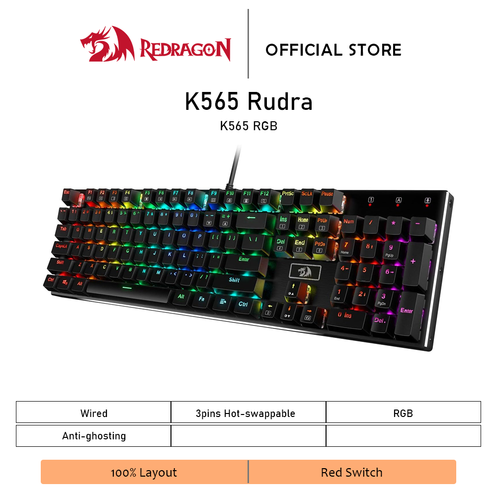 Redragon K565 RGB RUDRA 104 คีย์คีย์บอร์ดสําหรับเล่นเกมแบบถอดเปลี่ยนได้ | Shopee Thailand