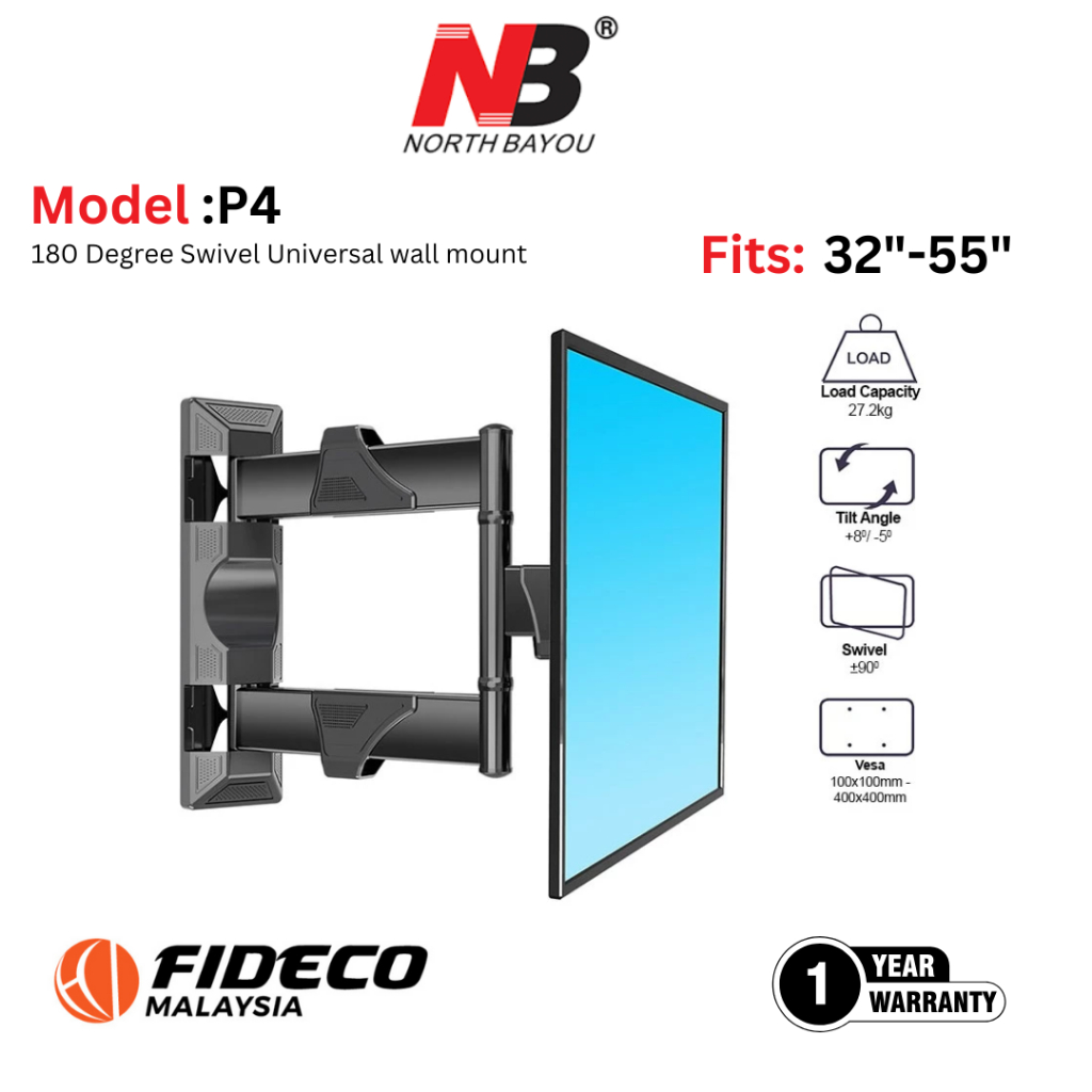 NB North Bayou P4 ติดผนังทีวีสากลหมุนได้ 180 องศาสําหรับ 32"-55 ...