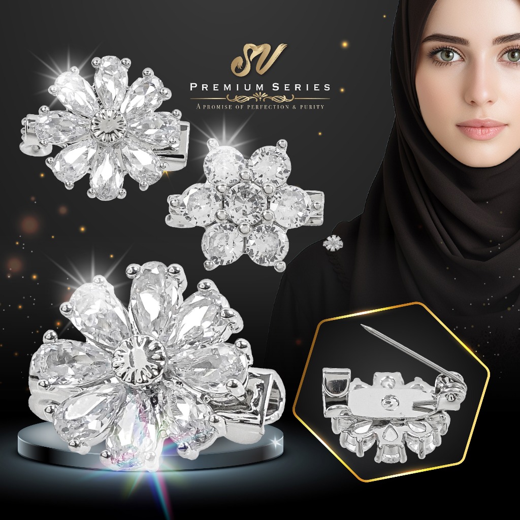 Sv พรีเมี่ยม Pin Tudung Bunga Kacing Tudung Zircon ผ้าพันคอ Flora เข็ม ...