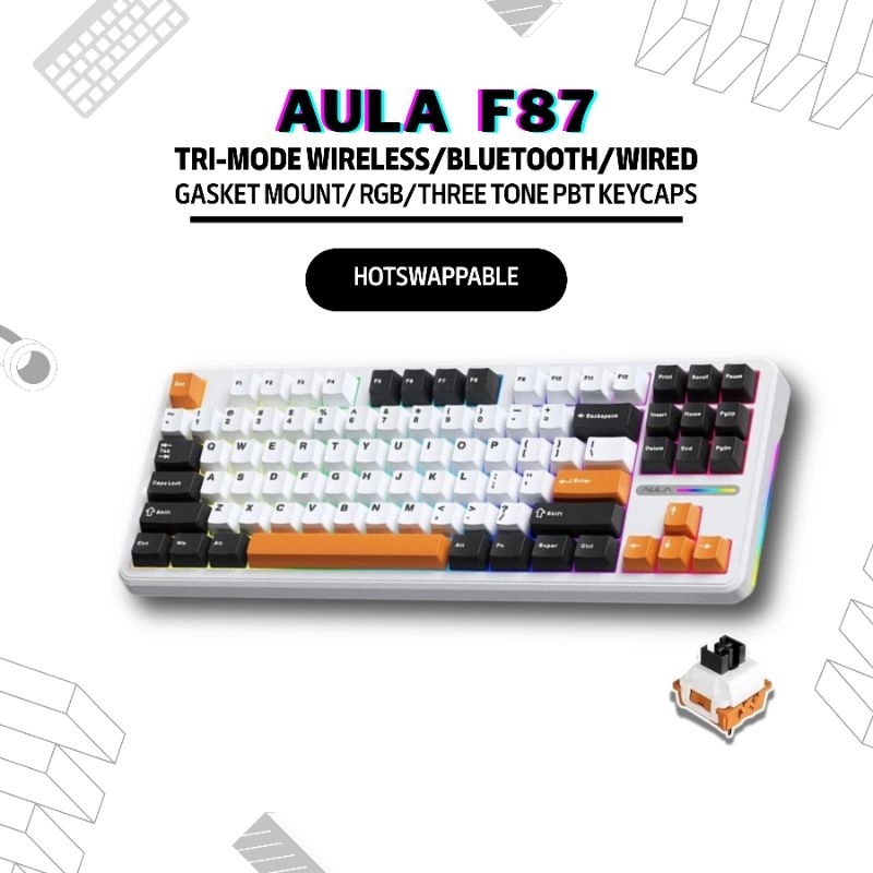 Aula F87 Tri-mode RGB ปะเก็นคีย์บอร์ดแบบกลไกไร้สาย/บลูทูธ/TypeC ...