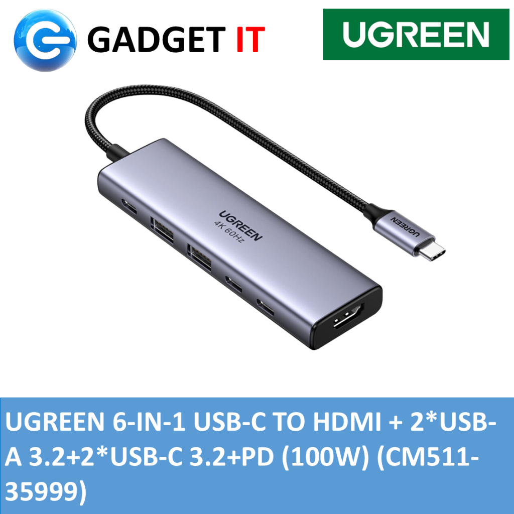 Ugreen 6-IN-1 USB-C TO HDMI + 2*USB-A 3.2+2*USB-C 3.2+PD (100W) (CM511 ...