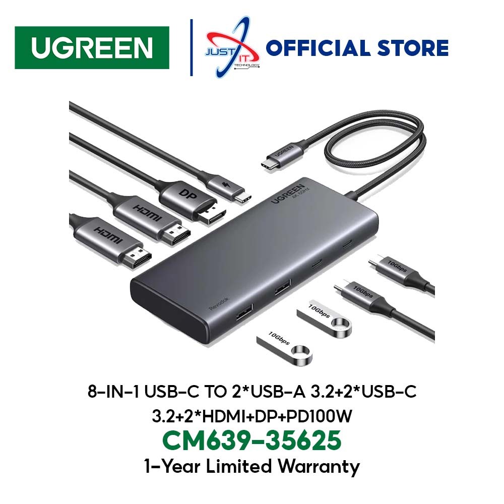 Ugreen CM639 8 In 1 USB-C To USB-A 3.2 + USB-C 3.2 + HDMI + DP (100W) UG-CM639-35625 | Shopee ...