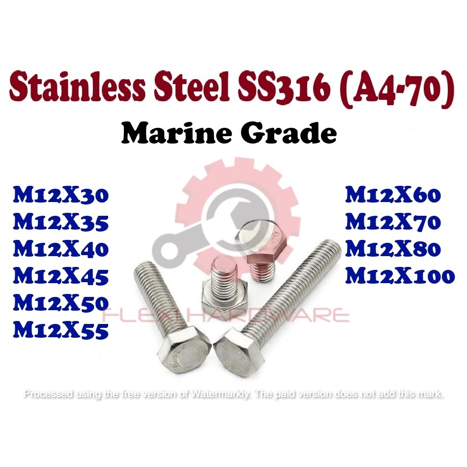 SUS 316 - M12 Hex Bolt Hex Screw DIN933 สกรูหัวหกเหลี่ยมด้านนอก Hex สแตนเลส A4 | Shopee Thailand