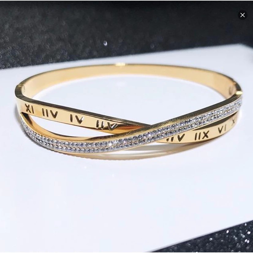 ROMAN NUMERAL ZIRCONIA 18K TITANIUM STEEL JEWELLERY ANGLE GELANG TANGAN ...