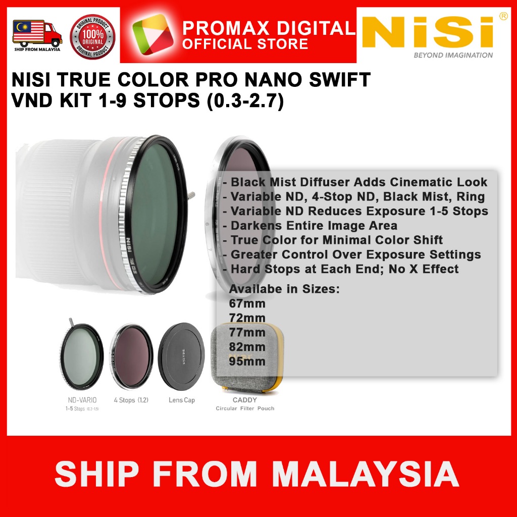 NISI TRUE COLOR PRO NANO SWIFT VND KIT 1-9 STOPS (0.3-2.7) ND FILTER 67 ...