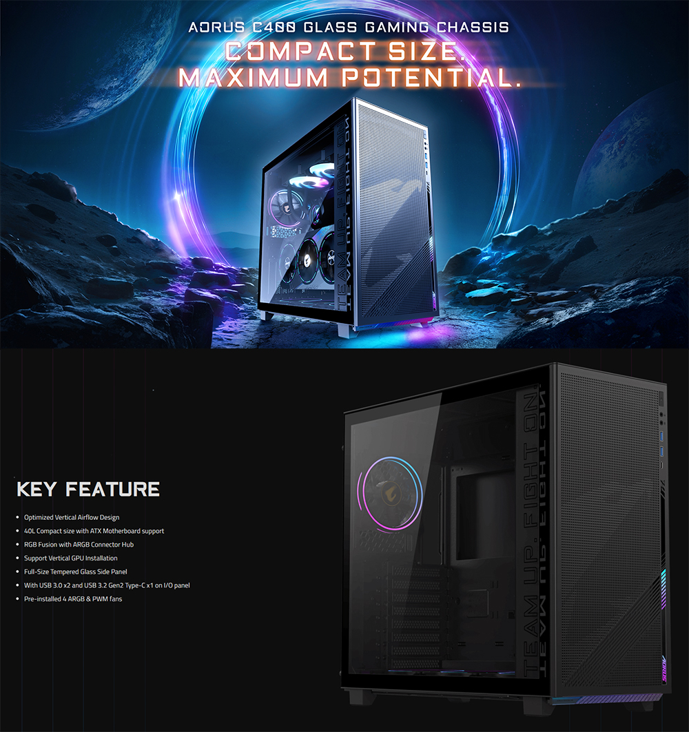 Gigabyte AORUS C400 แก้ว Mid Tower PC กรณี RGB กระจกนิรภัยแผงด้านข้าง ...