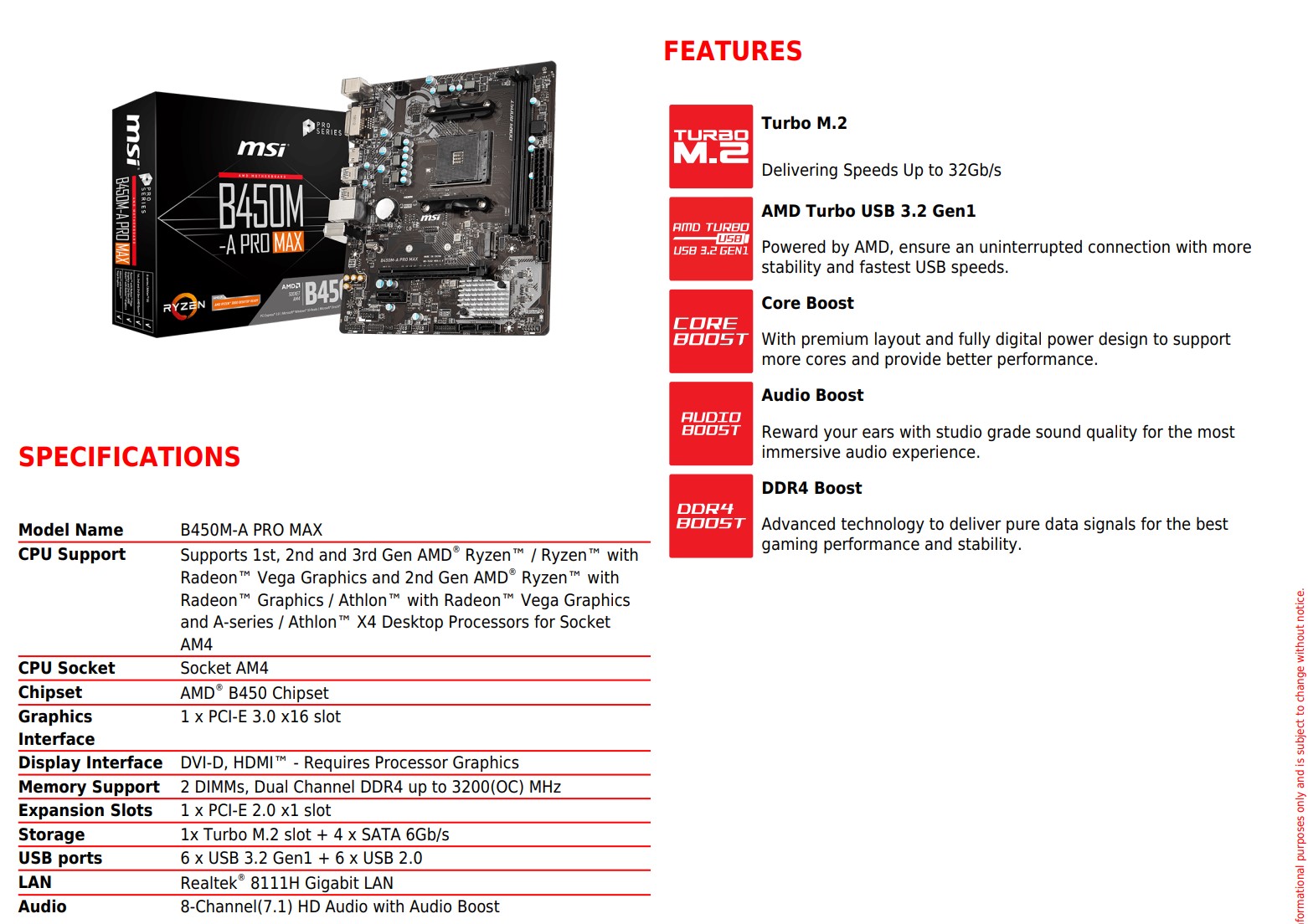 Msi B450M A PRO MAX AMD AM4 MATX MOTHERBOARD + PROCESSOR AMD RYZEN ...