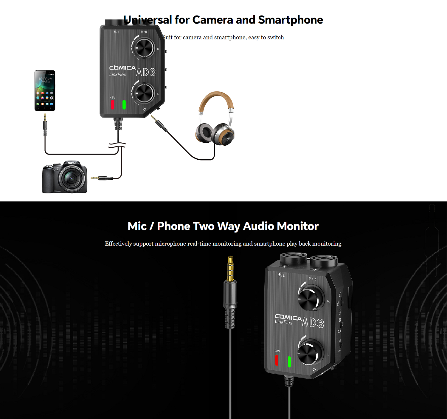 Comica LINKFLEX AD3 TWO-CHANNELS XLR / 3.5MM / 6.35MM AUDIO PREAMP MIXER / ADAPTER / INTERFACE ...
