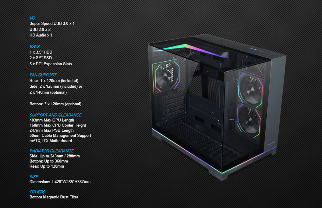 Tecware VX PRISM M TRIPLE TEMPERED GLASS M-ATX PC CASE พร้อมพัดลม ARGB ...
