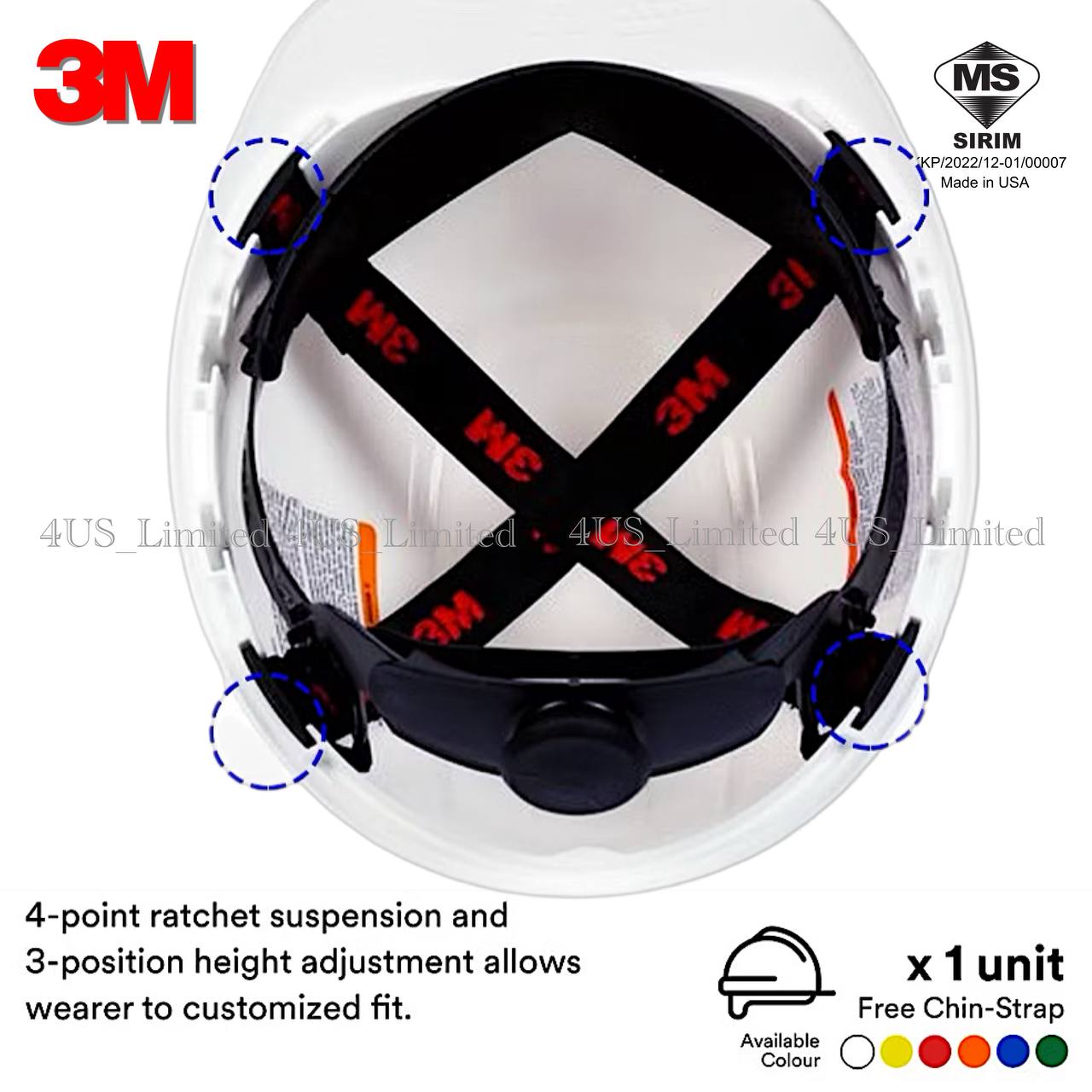 3m H-701SFR-UV 3M หมวกนิรภัยปีกสั้นหมวกแข็ง / ช่วงล่าง 4 จุด DOSH SIIMM ...