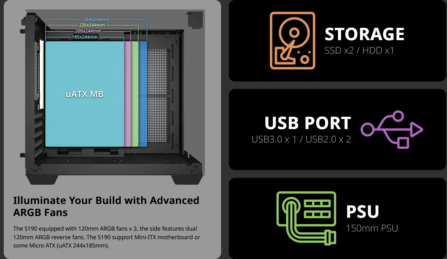 FSP S190 Triple Glass MATX Desktop PC Case Casing Pre-ติดตั้งพร้อมพัดลม ARGB 5 ตัว - สีดําและสี ...
