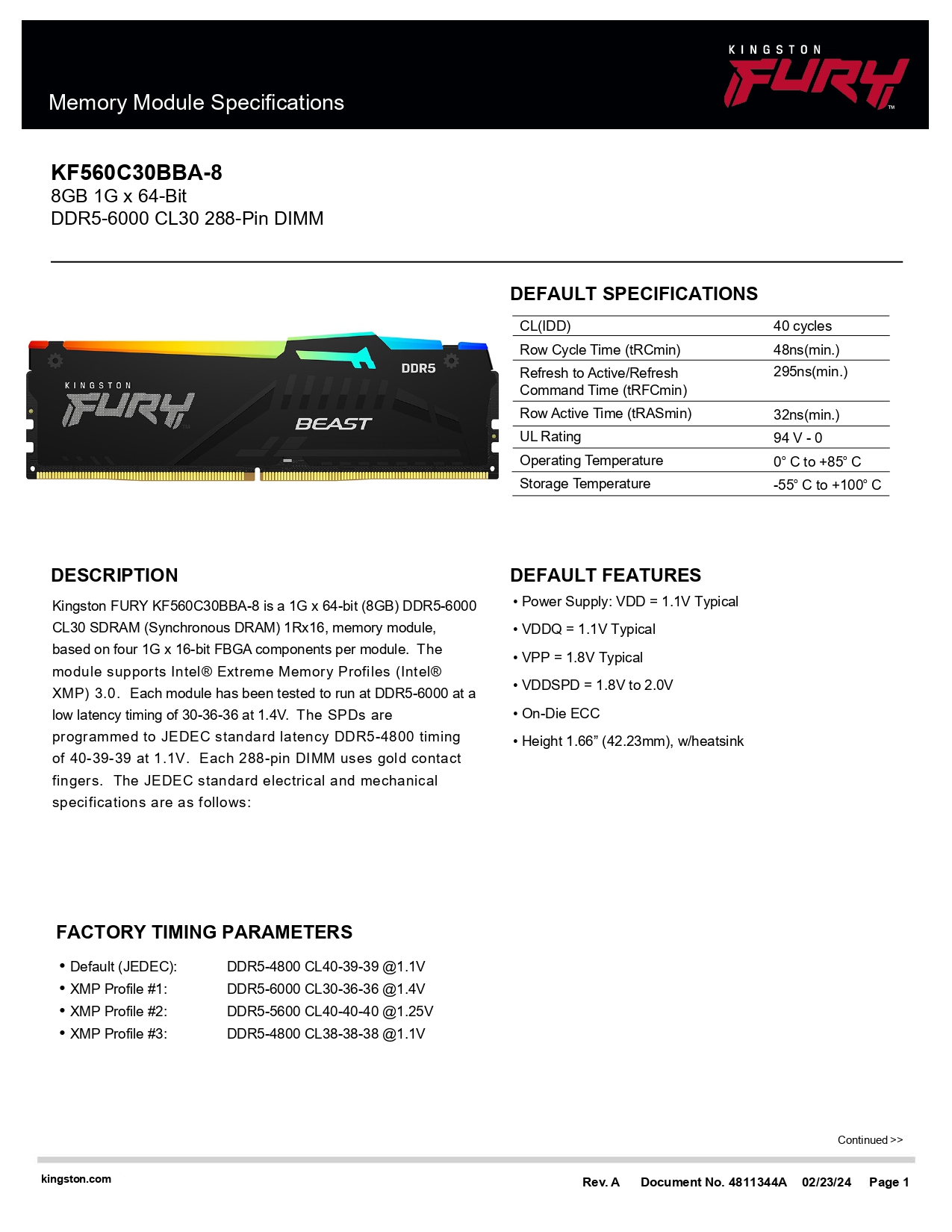 Kingston Fury Beast สีดํา RGB 6000MT/s DDR5 CL30 DIMM หน่วยความจําสําหรับเล่นเกมเดสก์ท็อปโมดูล ...