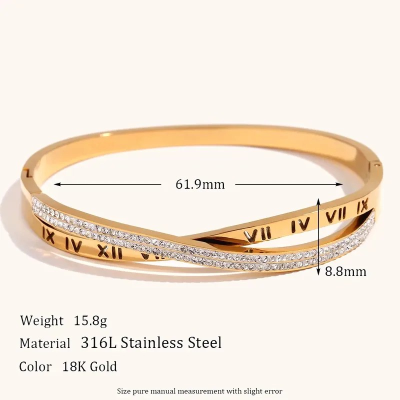 ROMAN NUMERAL ZIRCONIA 18K TITANIUM STEEL JEWELLERY ANGLE GELANG TANGAN ...