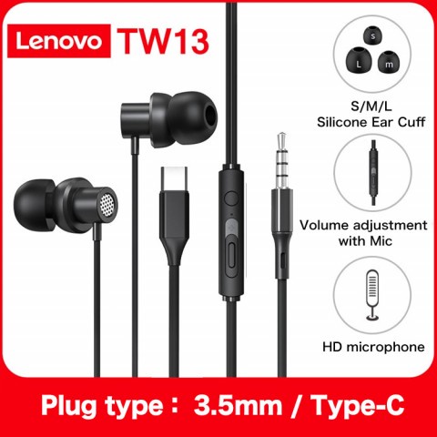 Lenovo TW13 หูฟังอินเอียร์ แบบมีสาย พร้อมไมโครโฟน HD ลดเสียงรบกวน เสียง ...
