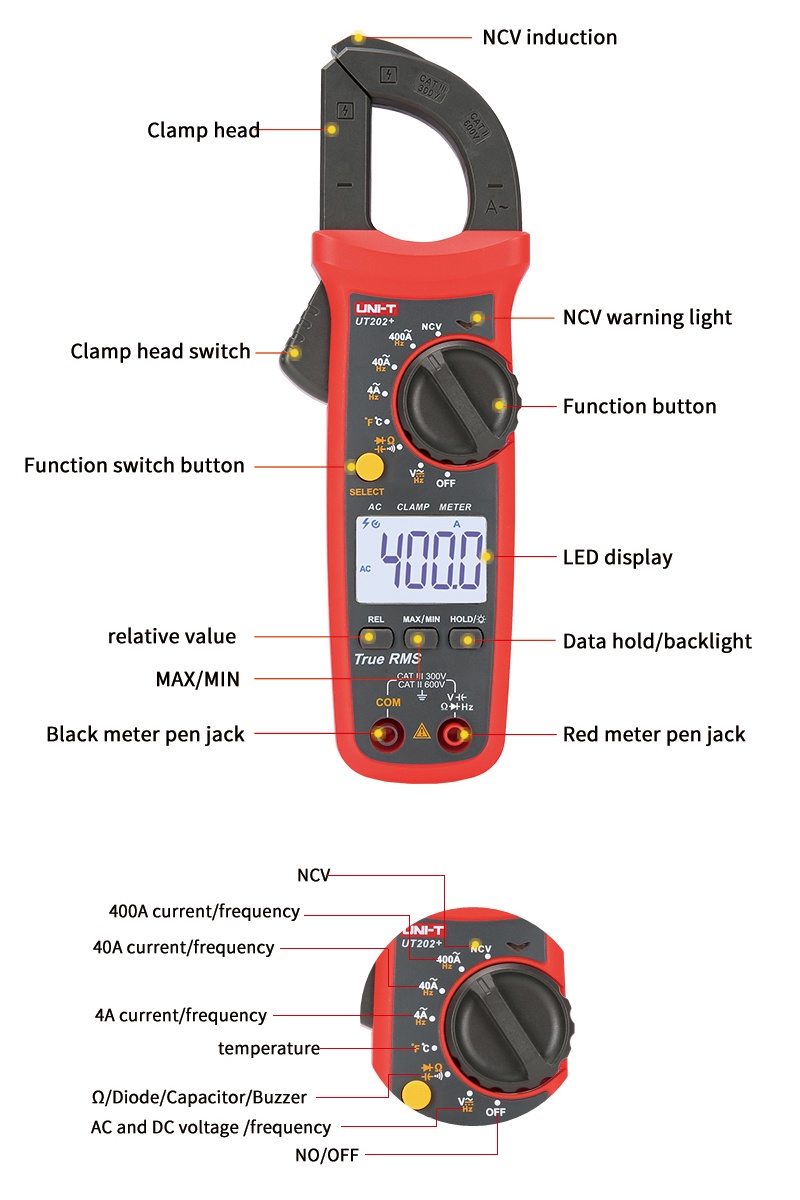 UNI-T Ready StockUNI-T Digital Clamp Meter UT201+/UT202+/UT203+/UT204 Plus DC AC Current Auto ...